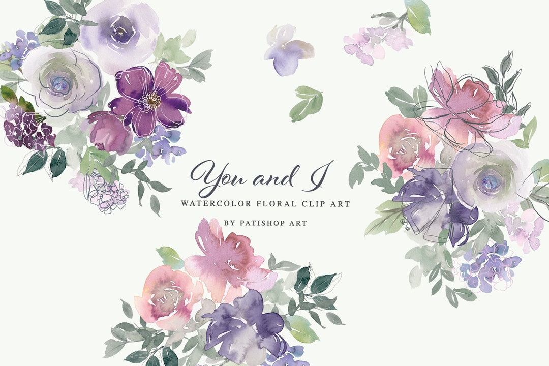 Watercolor Floral Clipart Purple Flowers Arrangements Separate DIY ...