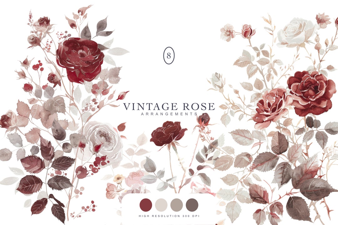 Burgundy Rose Clipart - Vintage Style - Floral Compositions ...