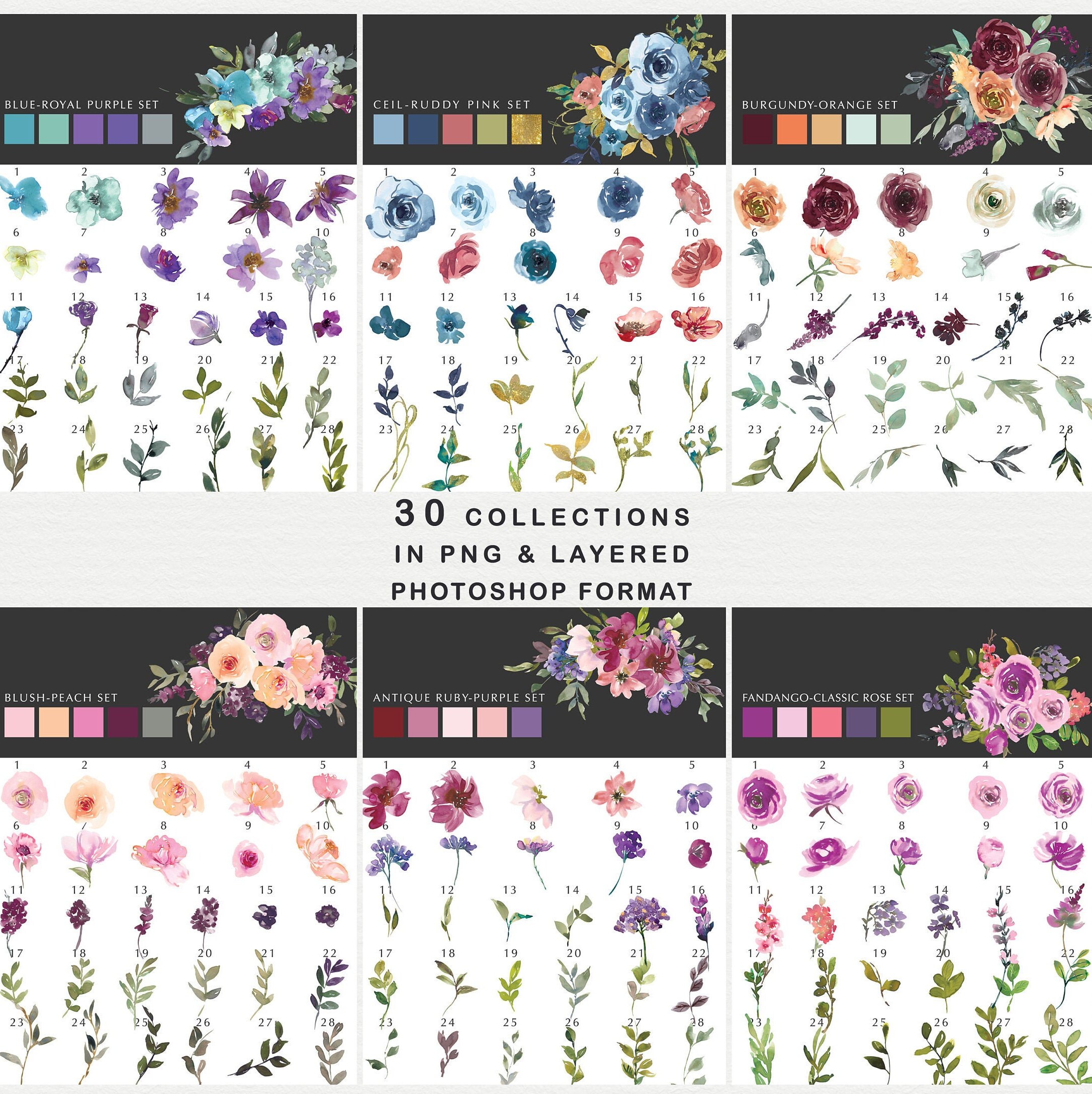 Thirty Watercolor Floral Clipart Collections Bouquets and | Etsy