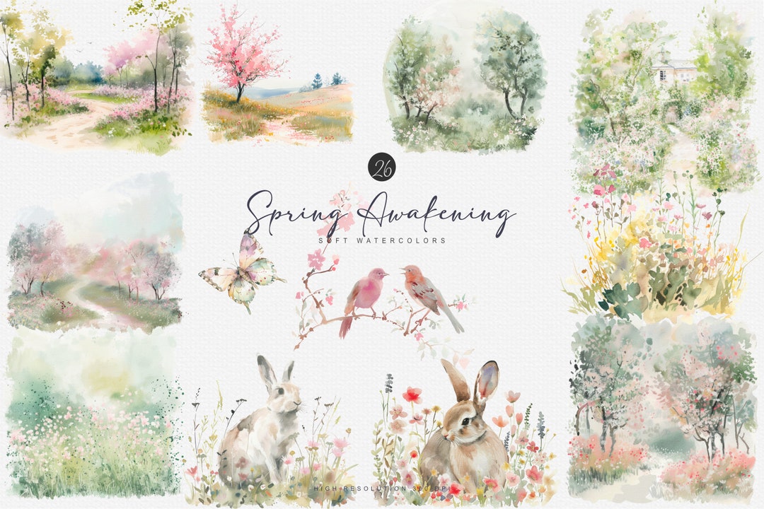Watercolor Spring Clipart - Spring Sceneries - Spring Art - Spring ...