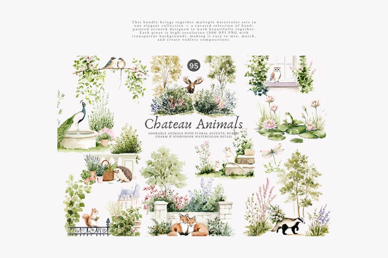 Green Chateau Watercolor Clipart Bundle, Chateau De Jardin, Pastel ...