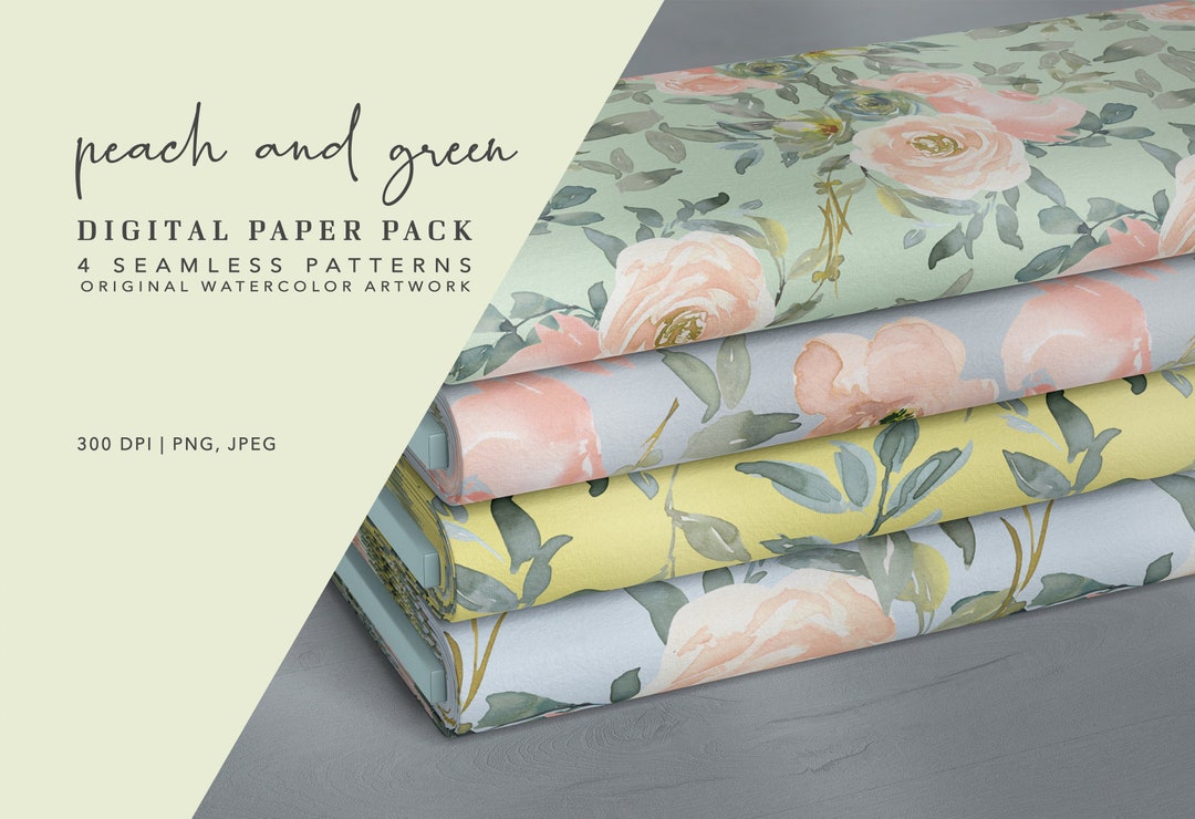 Peach and Green, Seamless Patterns Collection, Scrapbook Paper, Digital ...