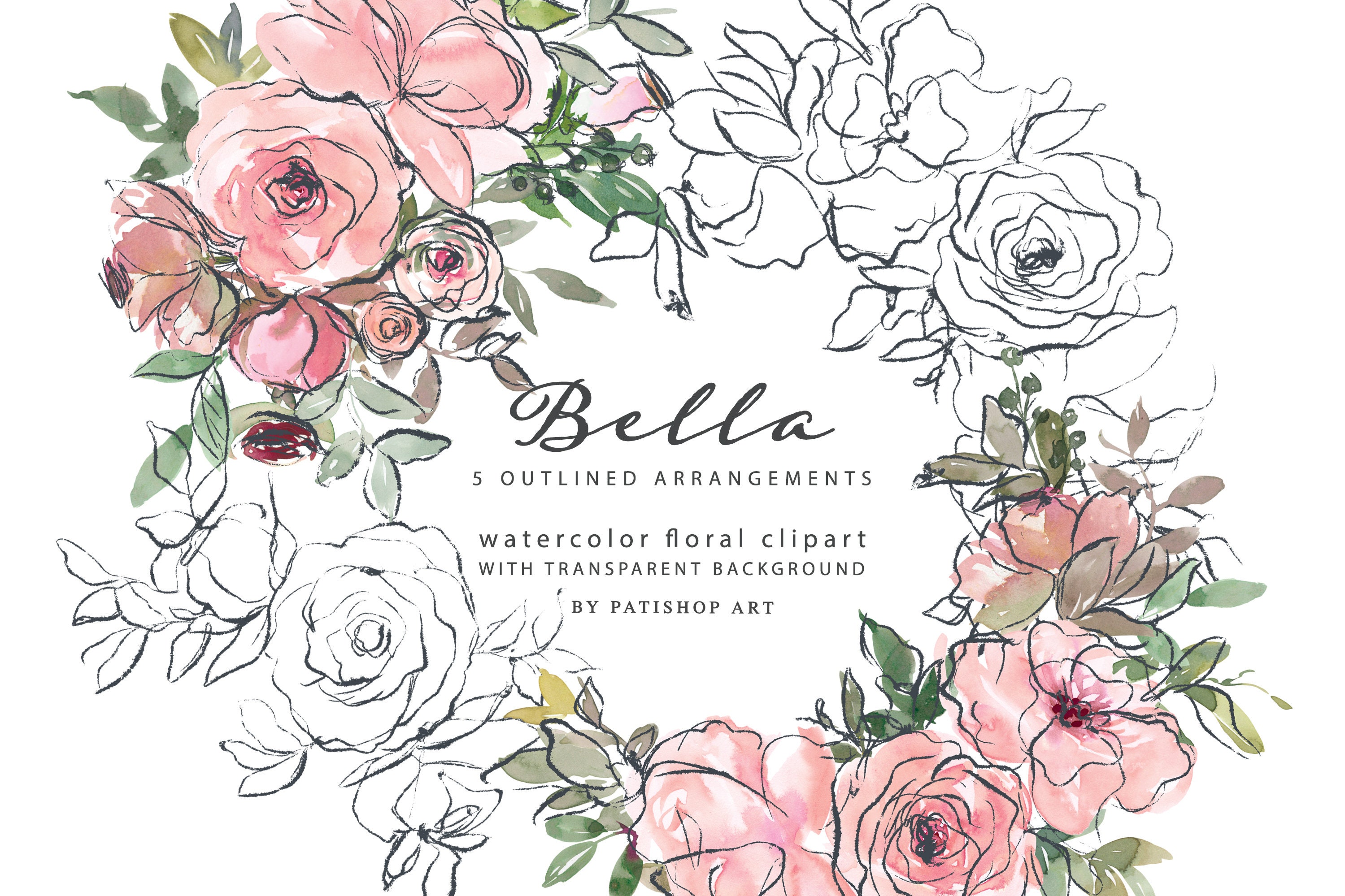 Watercolor Floral Clipart - Outlined Floral Clipart - Summer Flowers ...