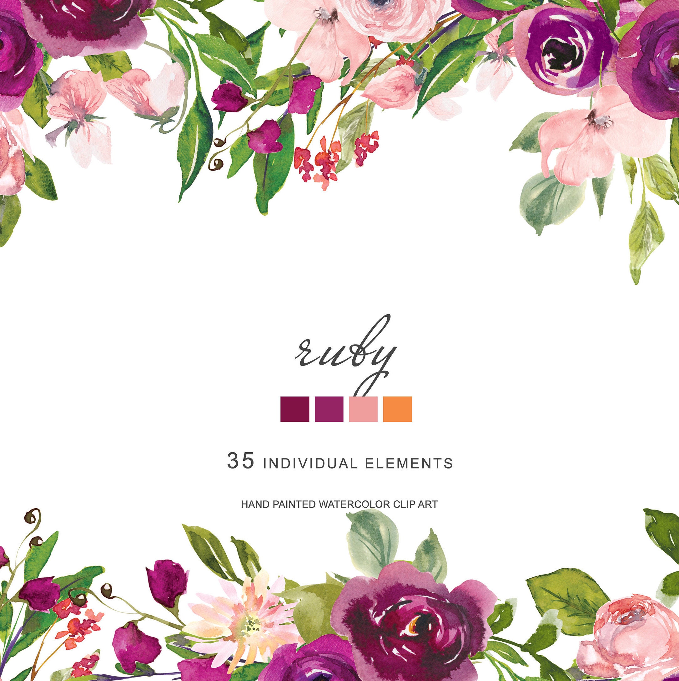 Watercolor Ruby Flowers Burgundy Blush Pink Flowers Clipart - Etsy