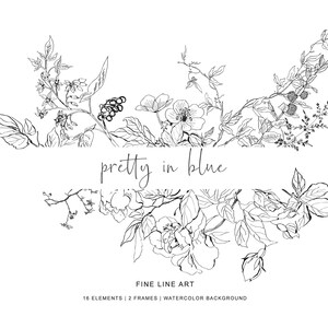 Pretty in Blue, Hand Drawn Fine Line Clipart, Wild Flowers, Sketched ...