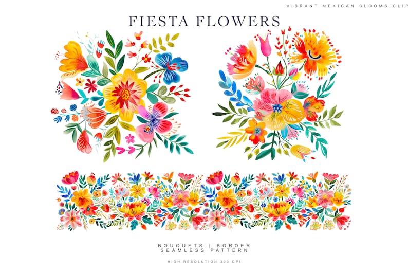 Colorful Fiesta Floral Clipart Png, Mexican Watercolor Bouquet ...