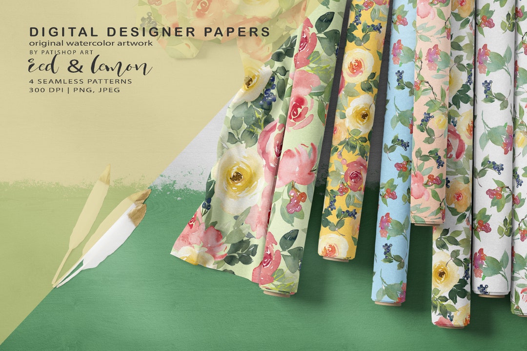 Red and Lemon,watercolor Floral Digital Paper, Scrapbook Papers ...