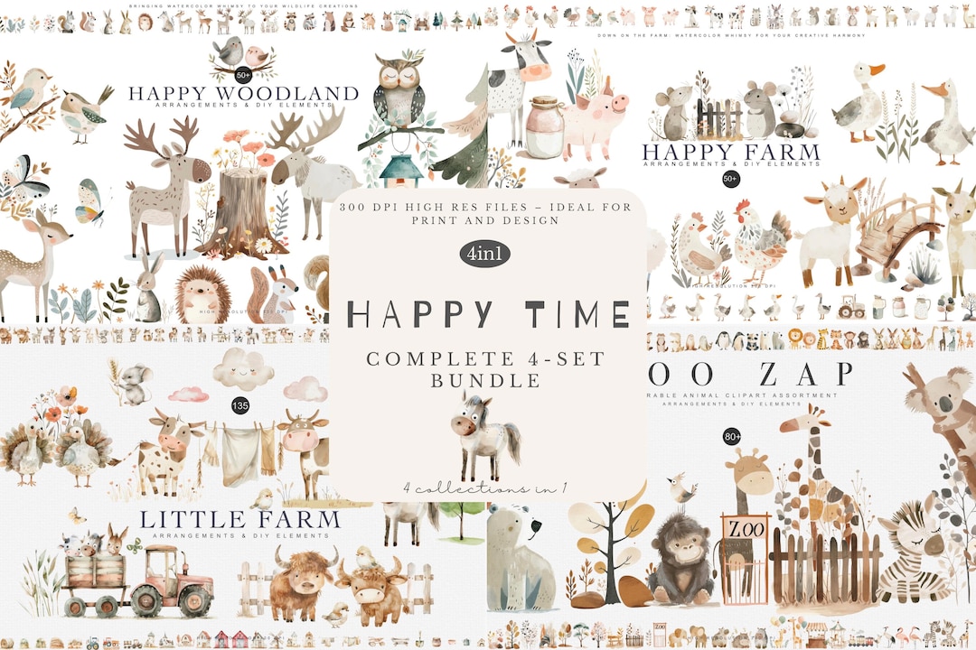 Watercolor Animal Clipart Bundle, Woodland Farm Zoo Animals Png Set ...