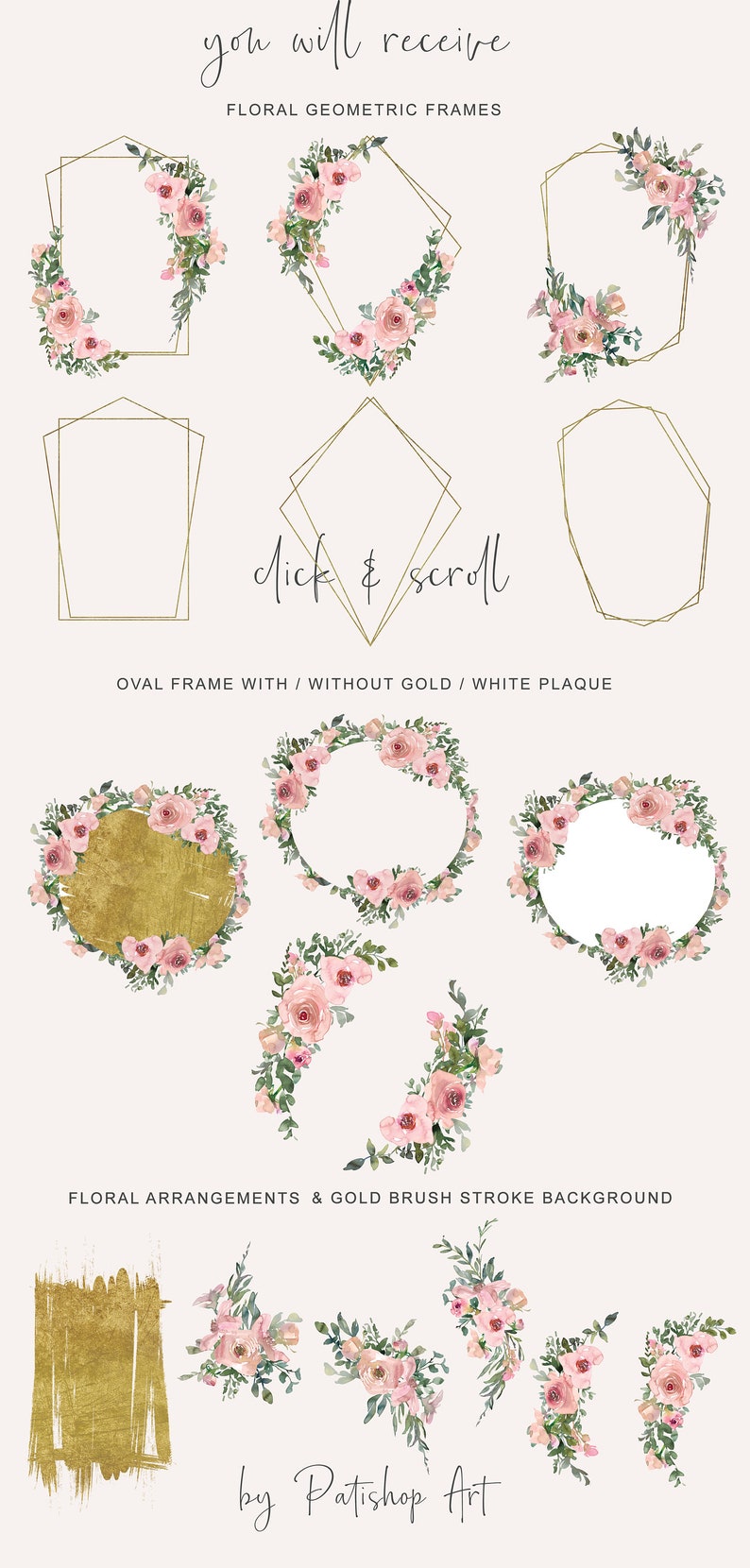 Pink Petals Watercolor Pink Gold Floral Frame Collection - Etsy