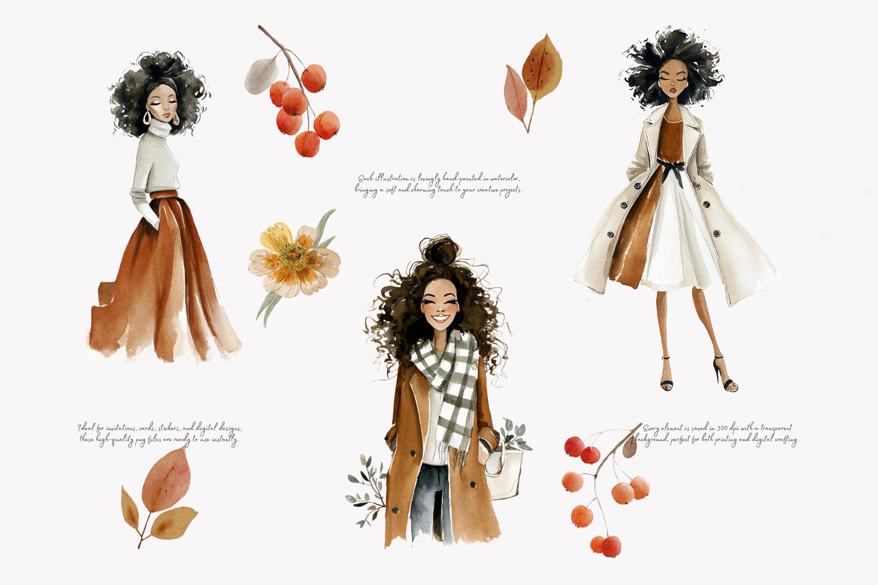 Watercolor Black Girl Clipart Set, Autumn Fashion Illustration, Fall ...