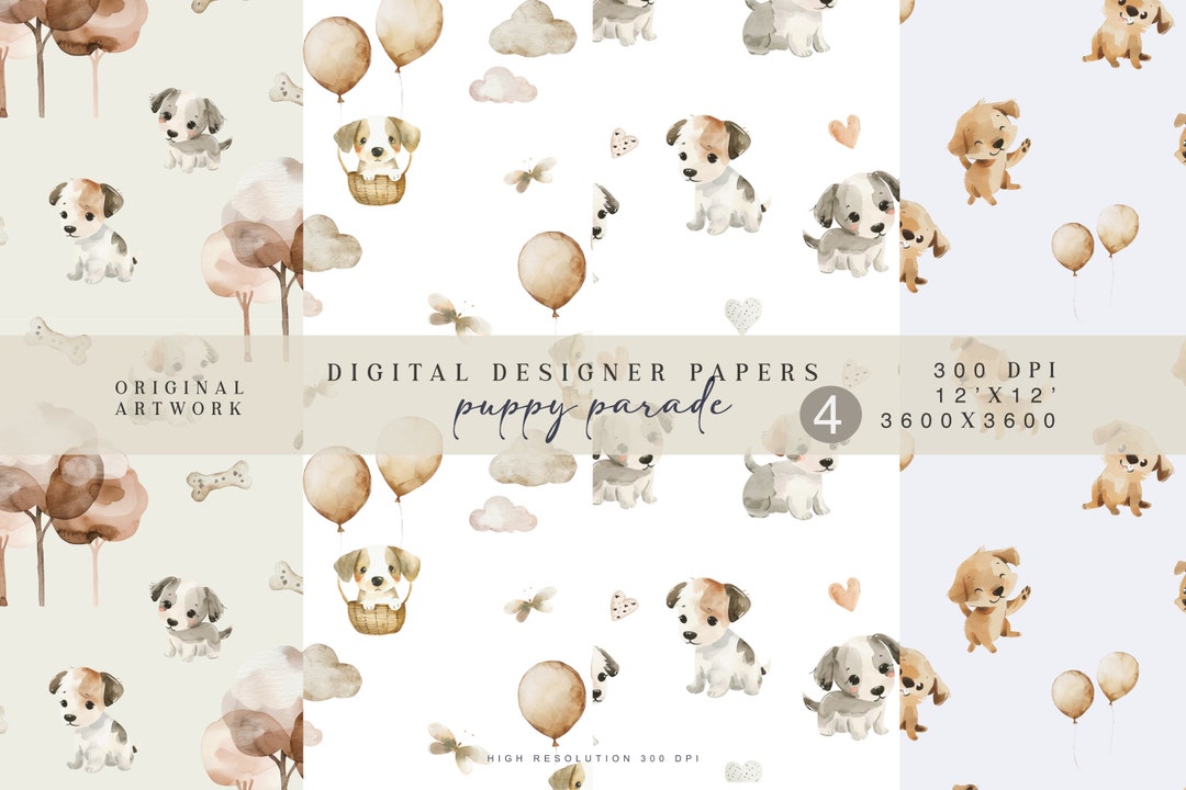Watercolor Puppy Seamless Patterns - Nursery Decor - Digital Paper Pack ...