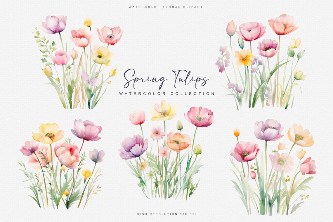 Watercolor Tulips Clipart - Spring Floral Bouquet - Wedding Clipart ...