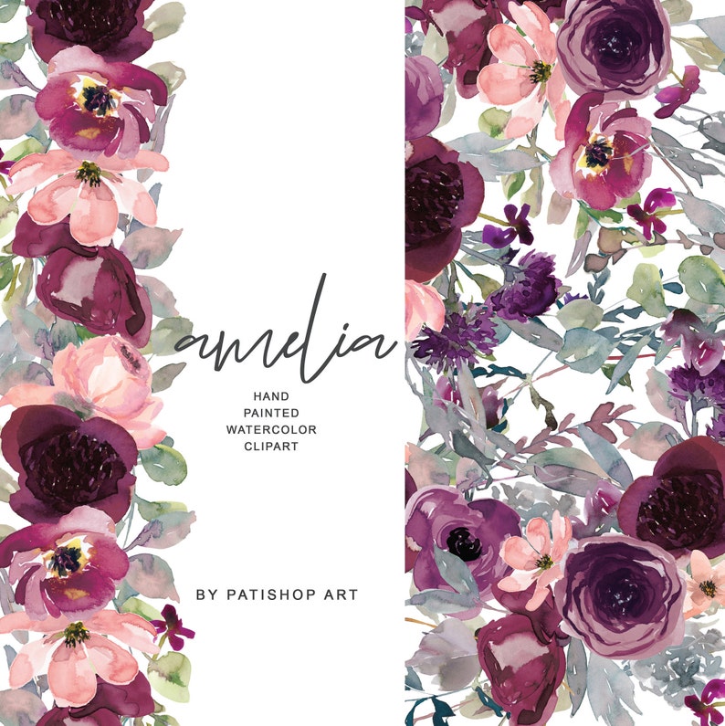 Watercolor Burgundy Flowers Clipart - Pink Flowers Clipart - Watercolor ...