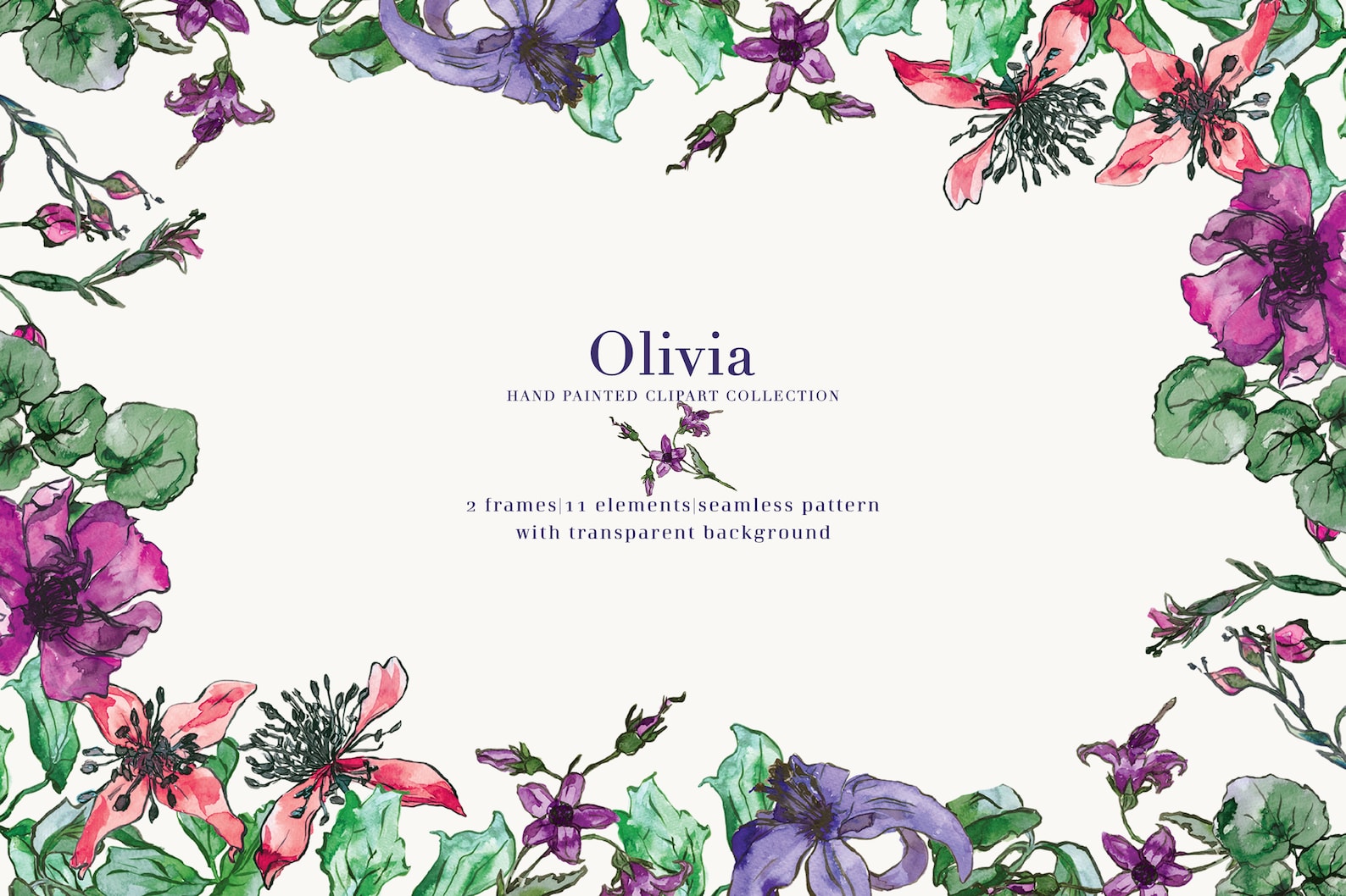 Olivia* Hand Painted Watercolor Floral Frames Seamless Pattern Separate ...