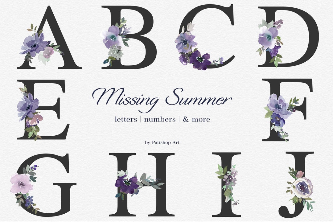 Watercolor Floral Alphabet, Embellished Black Letters, Number Clipart ...