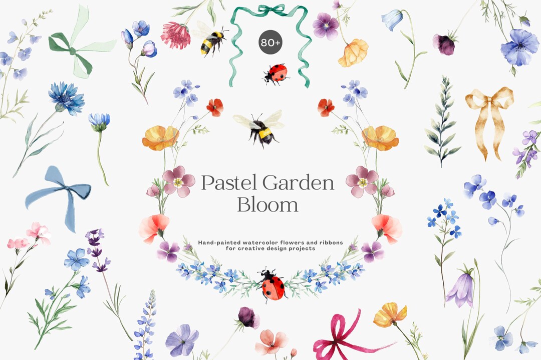 Pastel Garden Bloom Watercolor Clipart Set, Hand Painted Floral Ribbons ...