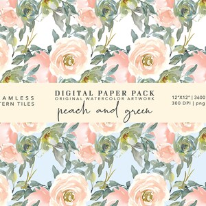 Peach and Green, Seamless Patterns Collection, Scrapbook Paper, Digital ...