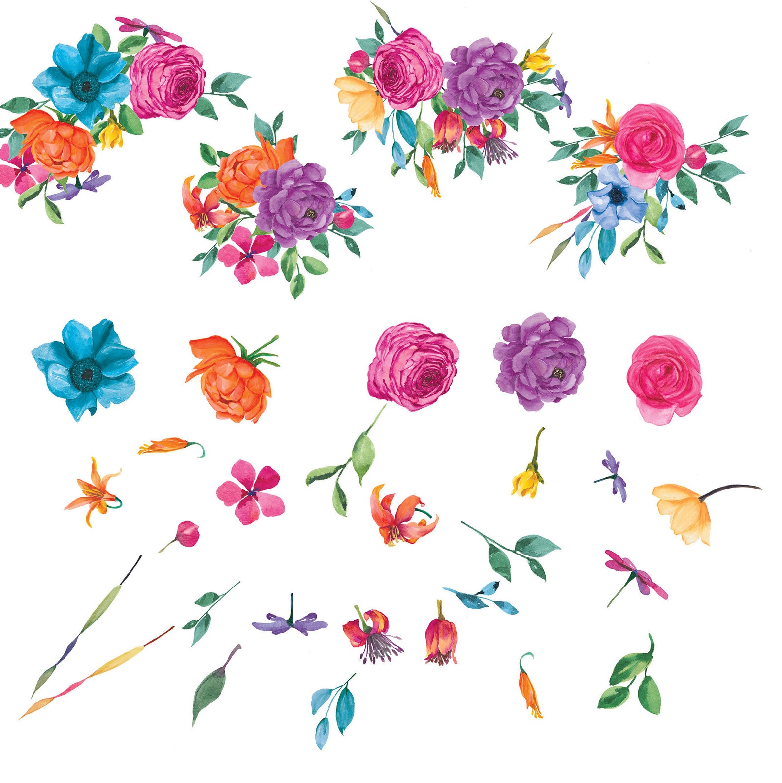 Fiesta Floral Watercolor Clipart Png, Colorful Flower Bouquet Bundle ...