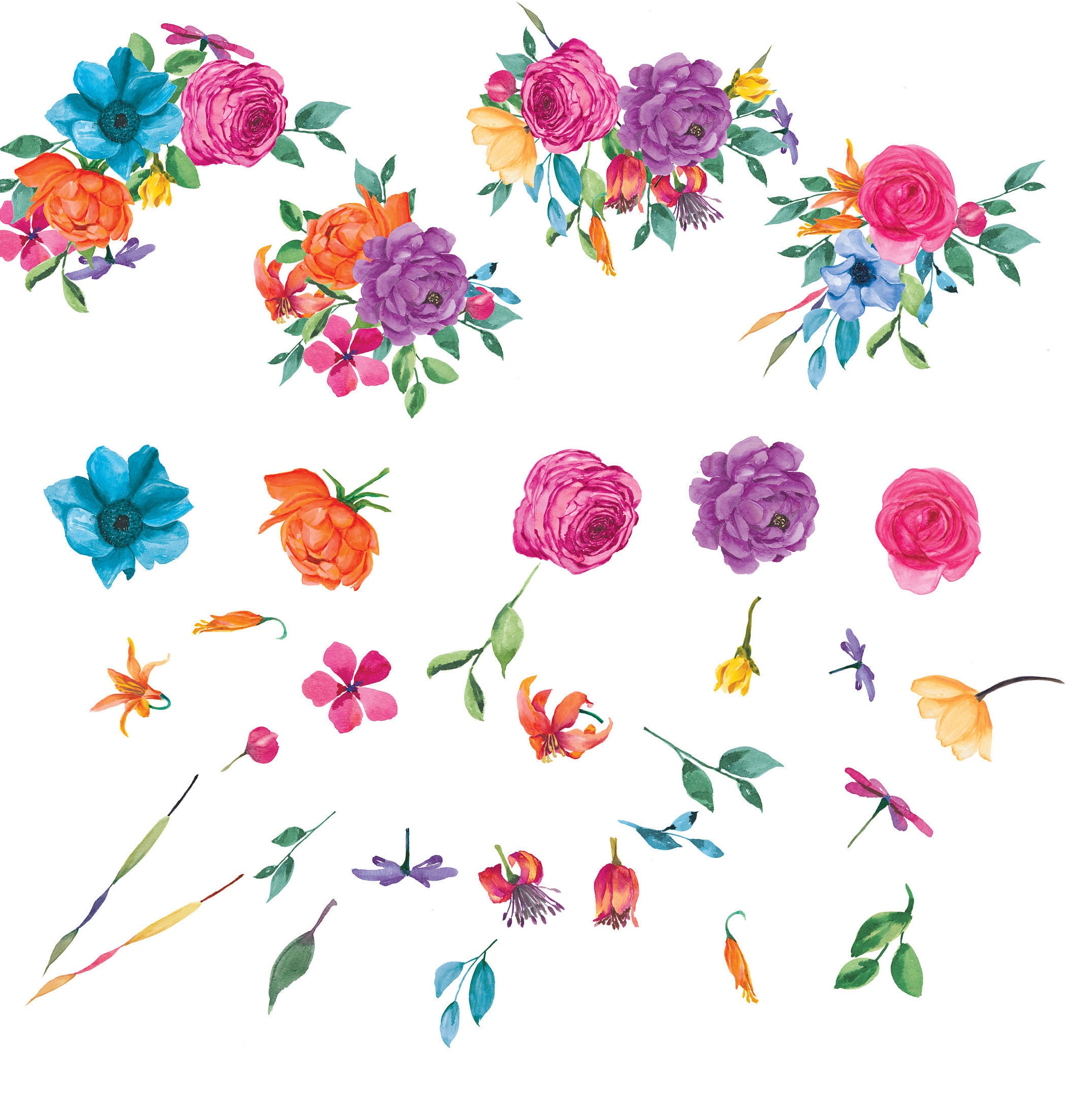 Fiesta Floral Watercolor Clipart Png, Colorful Flower Bouquet Bundle ...