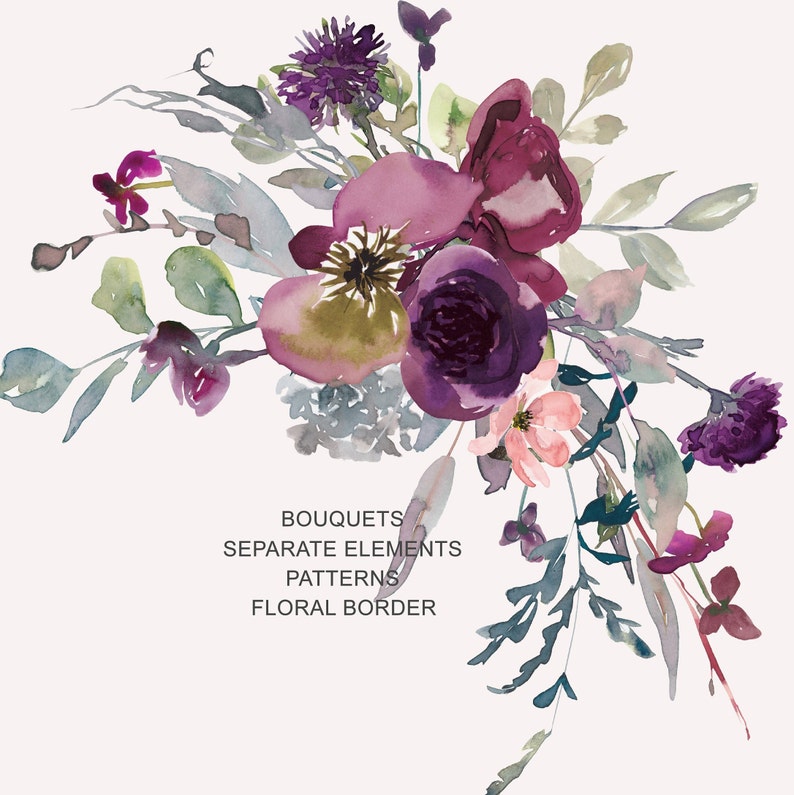 Watercolor Burgundy Flowers Clipart - Pink Flowers Clipart - Watercolor ...