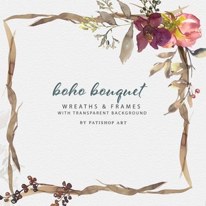 Boho Watercolor Flowers Frames, Hand Painted Boho Floral Wreath Clipar ...