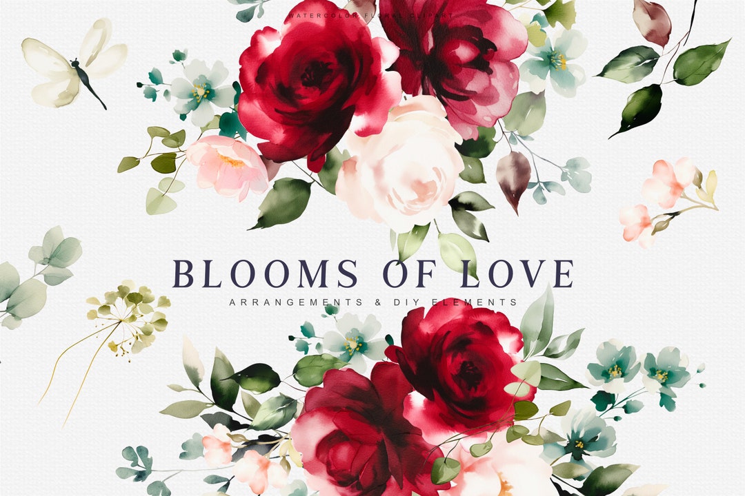 Watercolor Floral Clipart - Burgundy Floral Clipart - Blush Floral ...