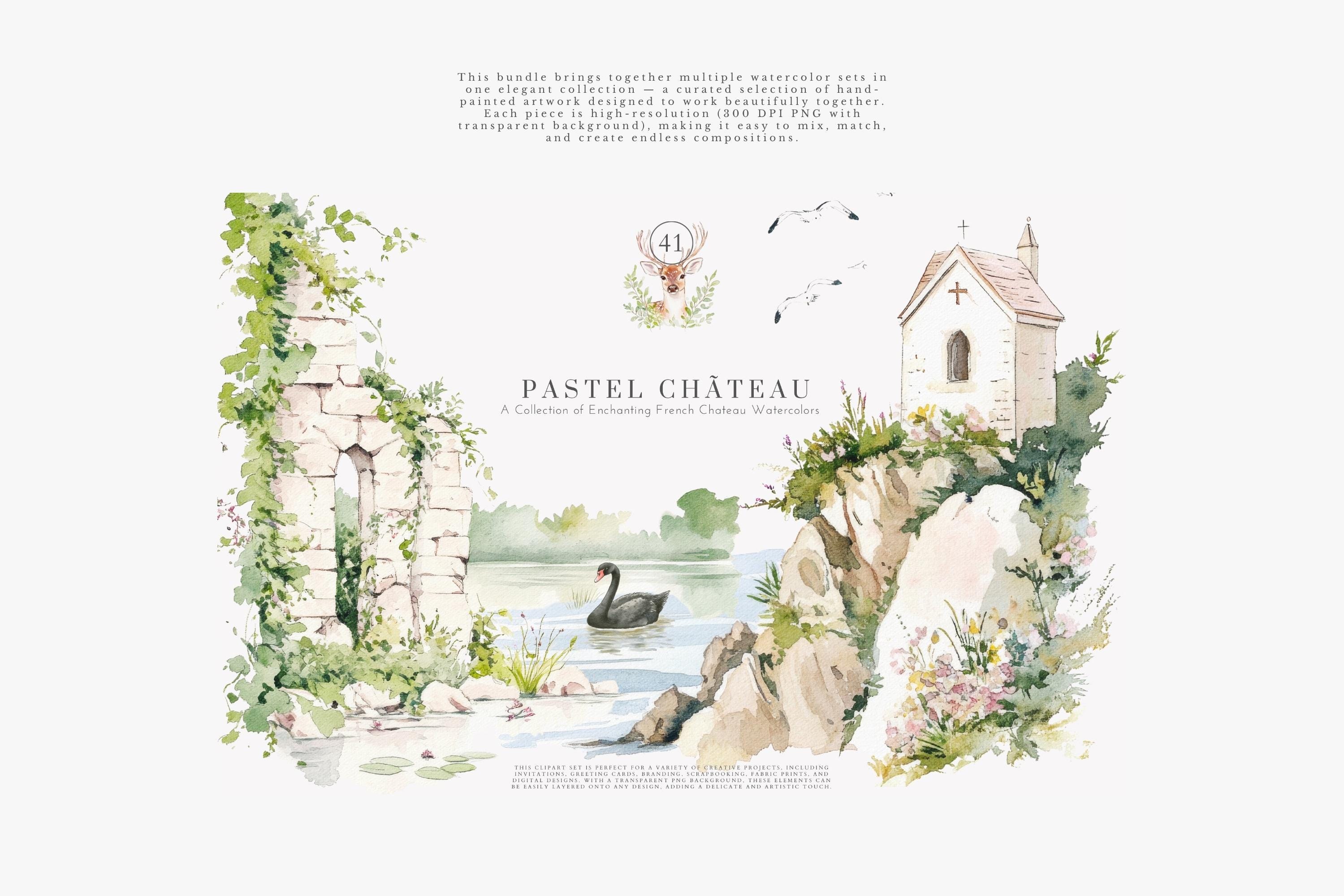 Green Chateau Watercolor Clipart Bundle, Chateau De Jardin, Pastel ...
