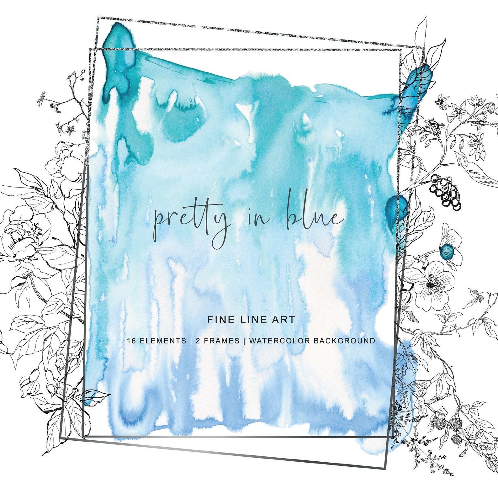 Pretty in Blue Hand Drawn Fine Line Clipart Wild Flowers and - Etsy