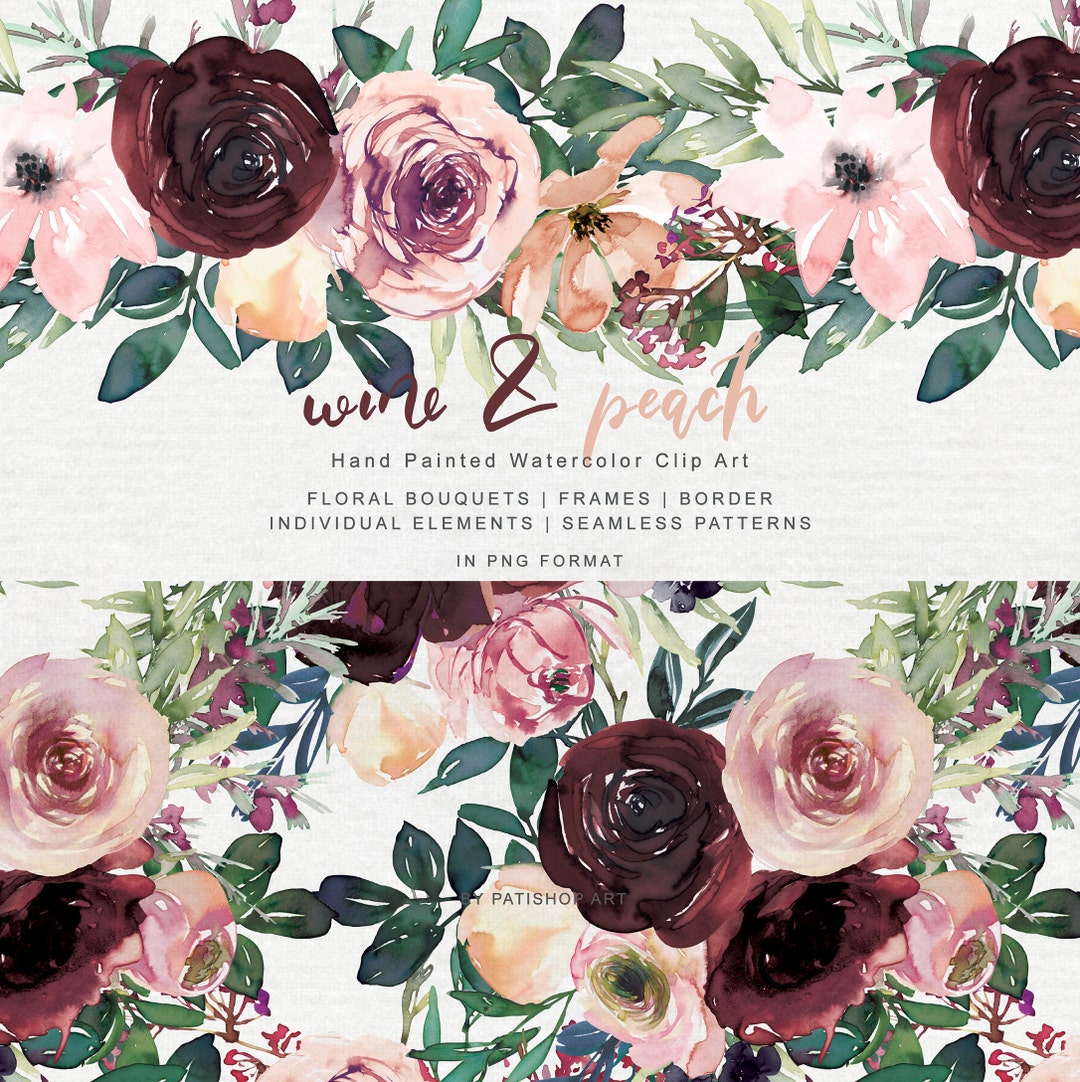 Watercolor Burgundy Flowers Clipart - Pink Floral Bouquet Clipart ...