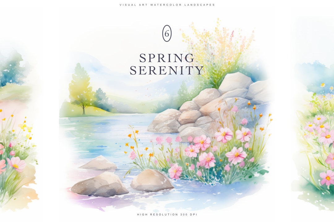 Watercolor Spring Landscape - Watercolor Pink Blue Spring Sceneries ...
