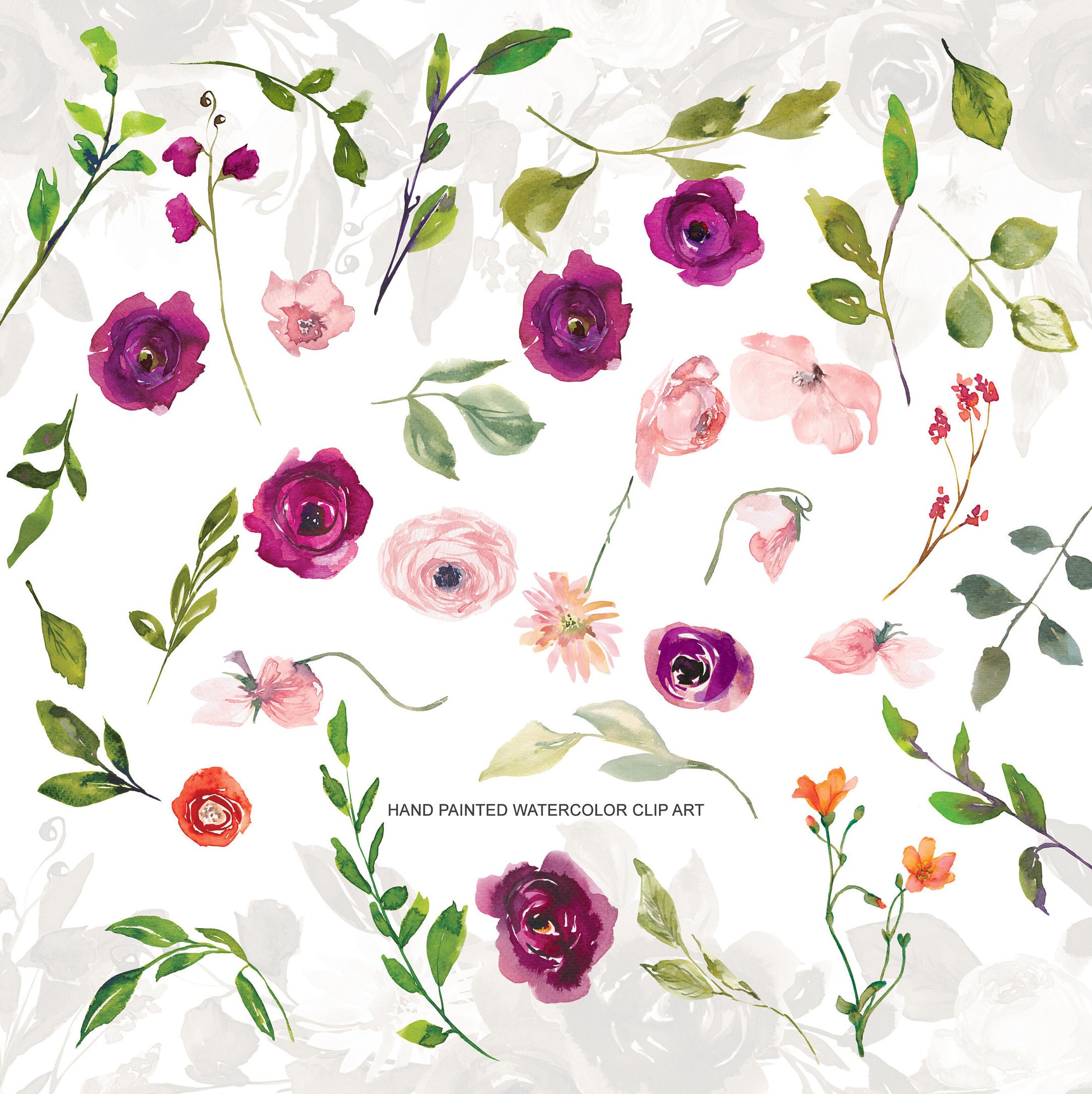 Watercolor Ruby Flowers Burgundy Blush Pink Flowers Clipart - Etsy