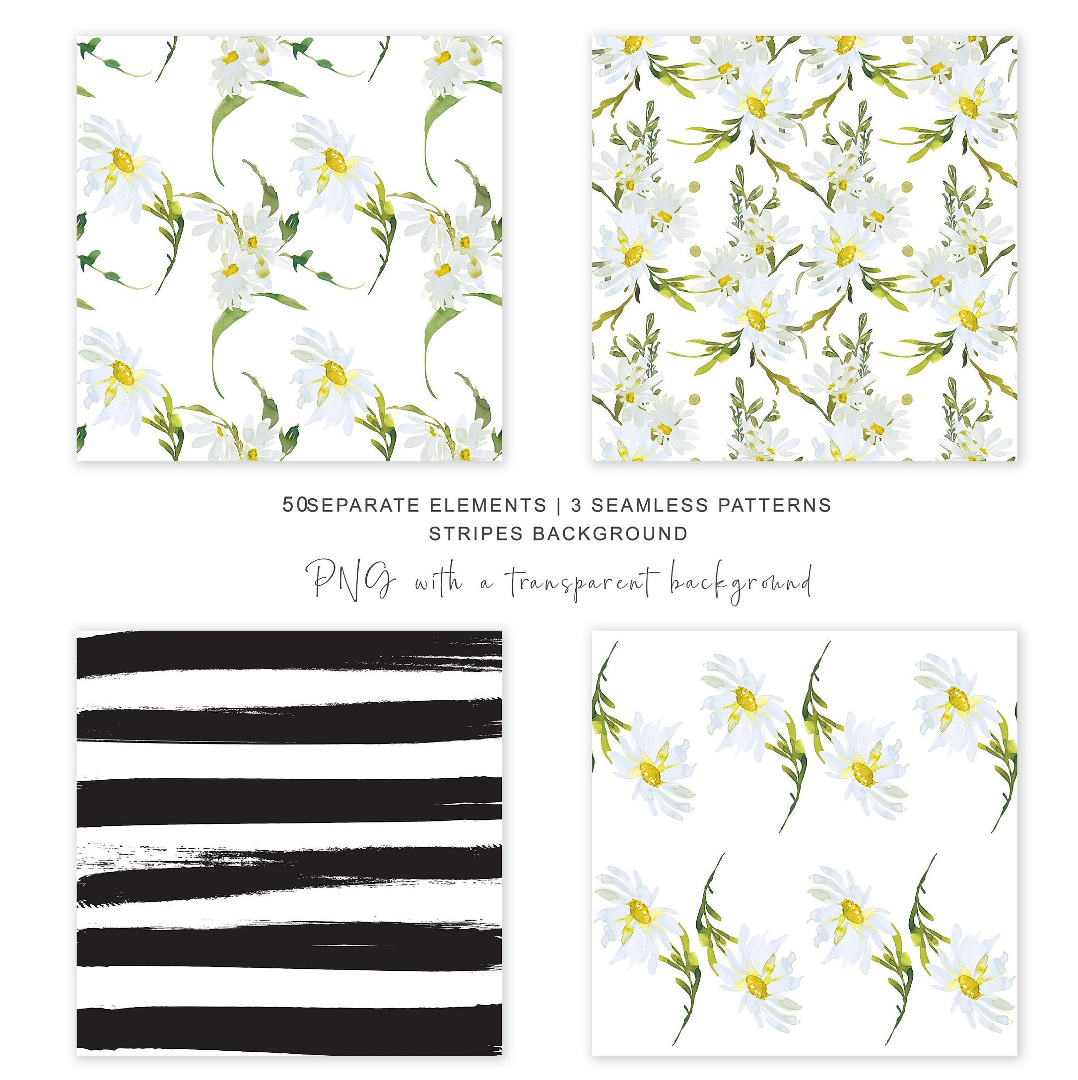 Daisy Clipart - Watercolor Daisy Clip Art - Seamless Patterns - Summer ...