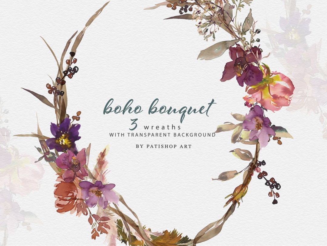 Boho Watercolor Flowers Frames, Hand Painted Boho Floral Wreath Clipar ...
