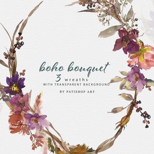 Boho Watercolor Flowers Frames, Hand Painted Boho Floral Wreath Clipar ...