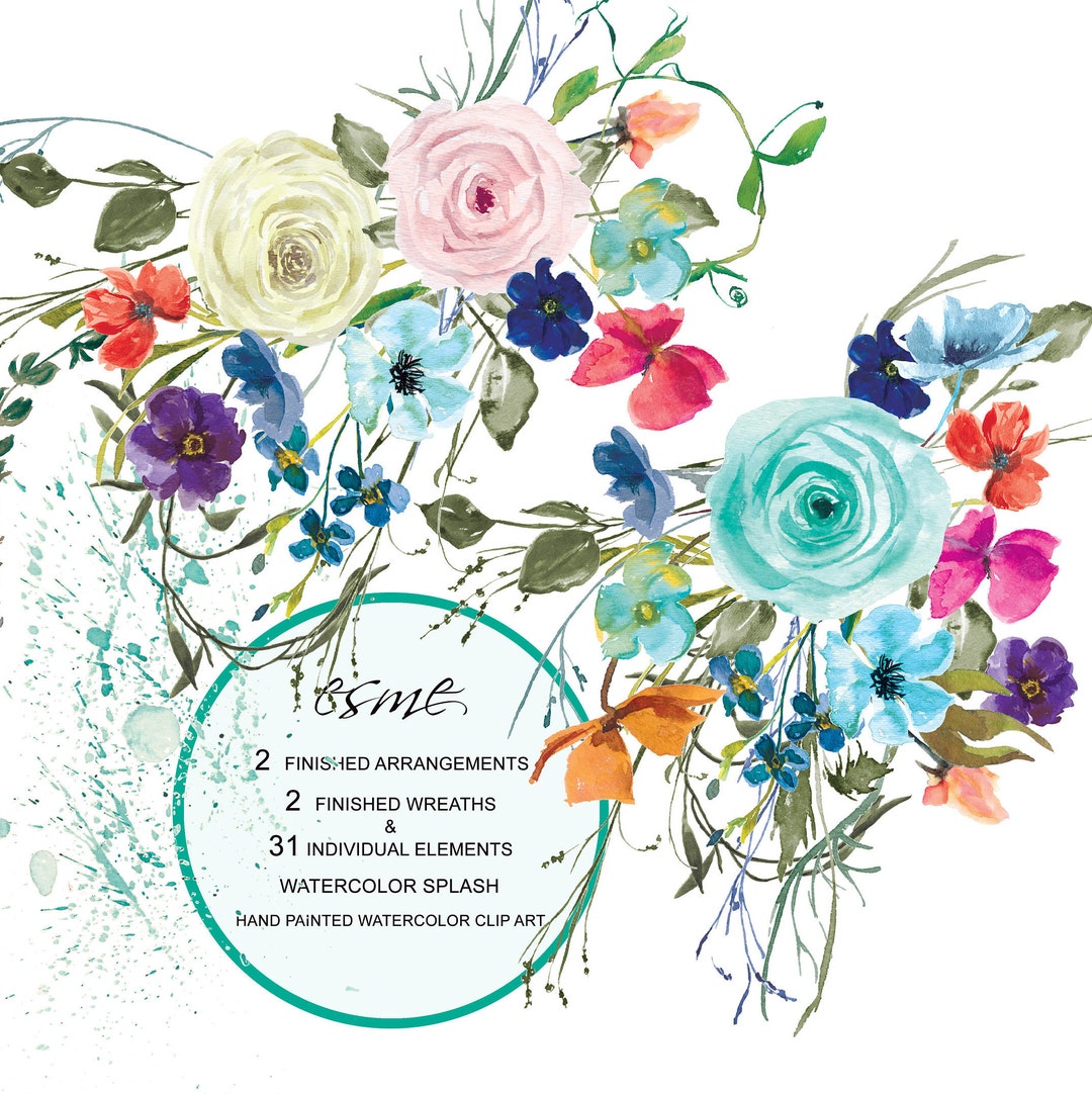 Bright Floral Wreath Watercolor Clipart Png, Colorful Flower Bouquets ...