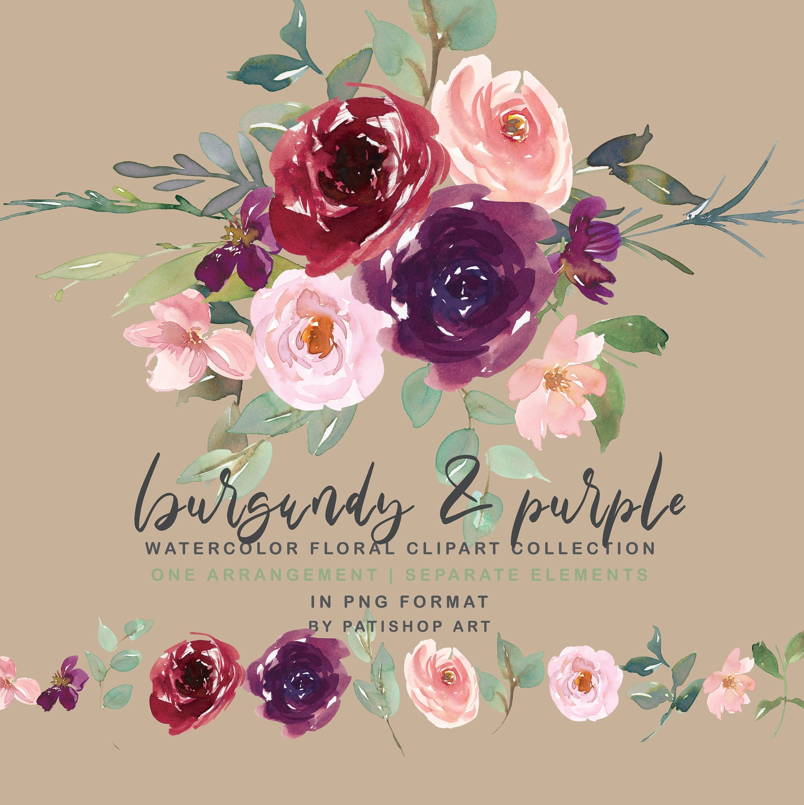 Burgundy Watercolor Floral Bouquet Clipart -arrangement & Separate ...