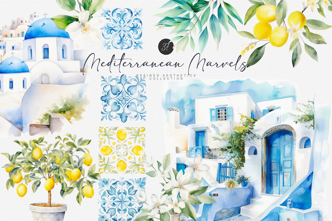 Mediterranean Watercolor Clipart Png, Lemons Blue Tiles Coastal Houses ...