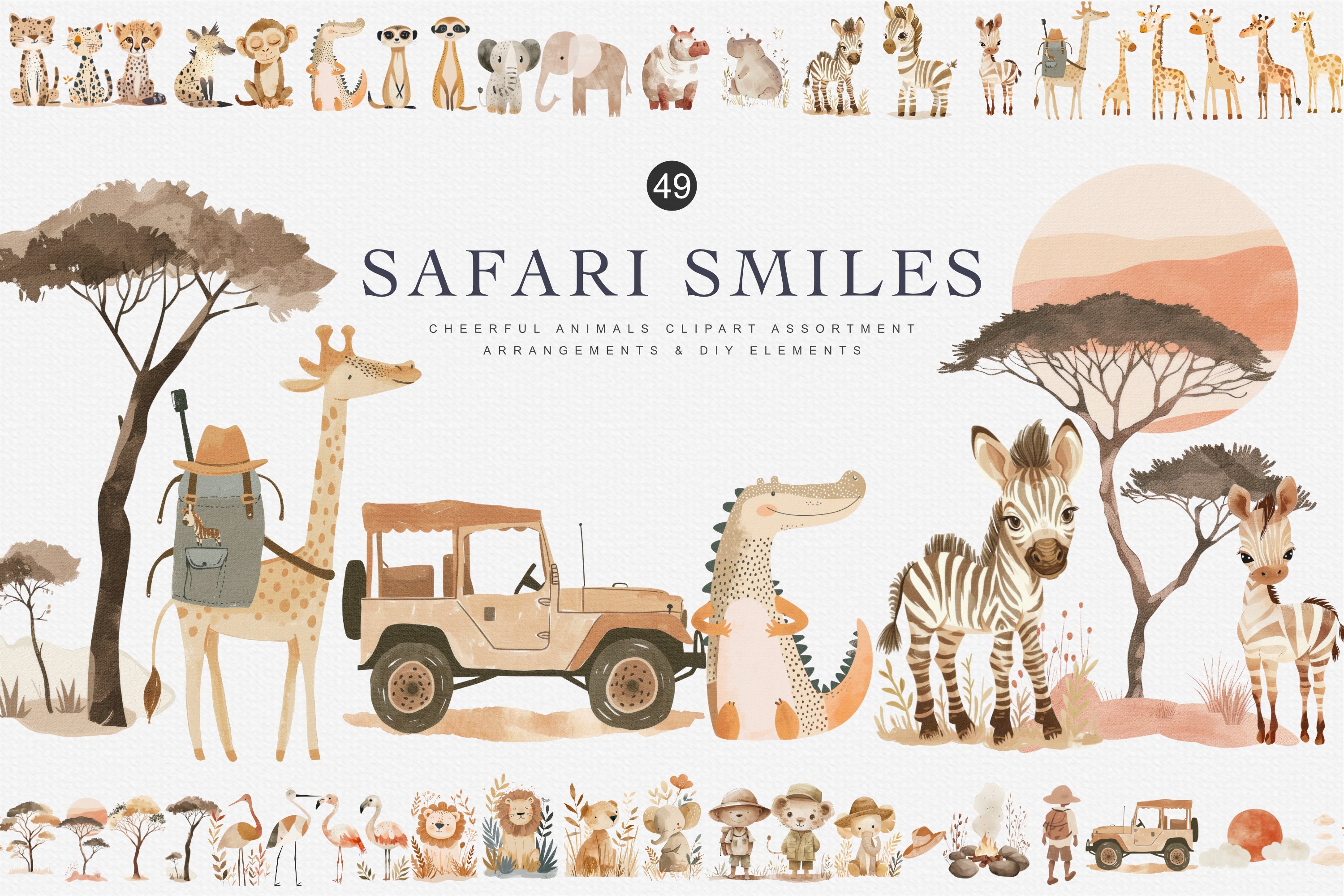 Watercolor Safari Animals Clipart Set, Beige Jungle Baby Art, African ...