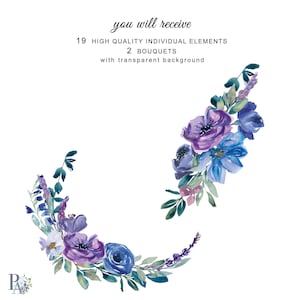 Watercolor Purple Flowers Clipart - Blue Floral Clipart Wedding Flowers ...