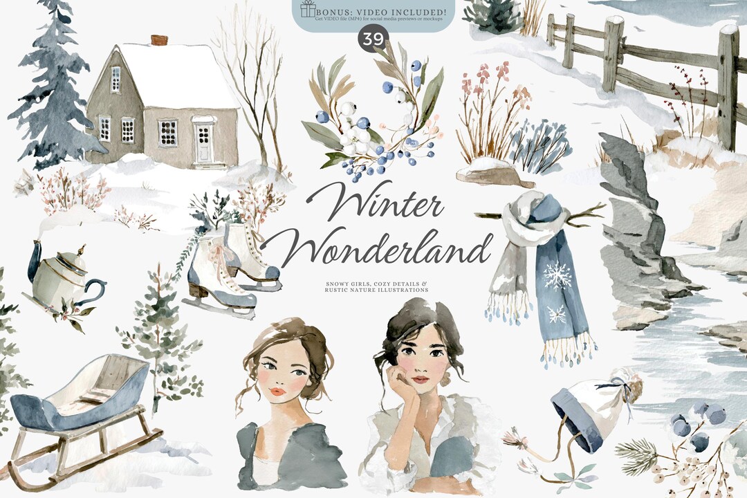 Winter Wonderland Clipart, Watercolor Winter Illustrations, Snow ...