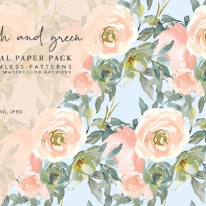 Peach and Green, Seamless Patterns Collection, Scrapbook Paper, Digital ...