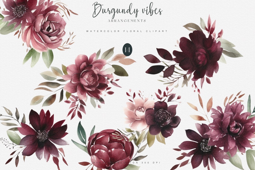 Watercolor Burgundy Flowers Clipart Rusty Flowers Autumn Decor ...