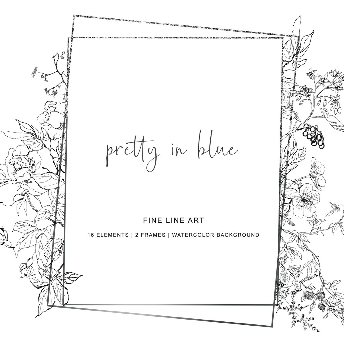 Pretty in Blue Hand Drawn Fine Line Clipart Wild Flowers and | Etsy