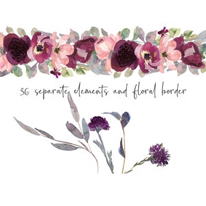 Watercolor Burgundy Flowers Clipart - Pink Flowers Clipart - Watercolor ...