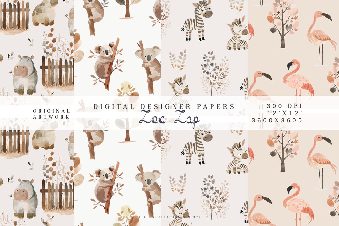 Watercolor Zoo Animals Seamless Patterns - Nursery Decor - Digital ...