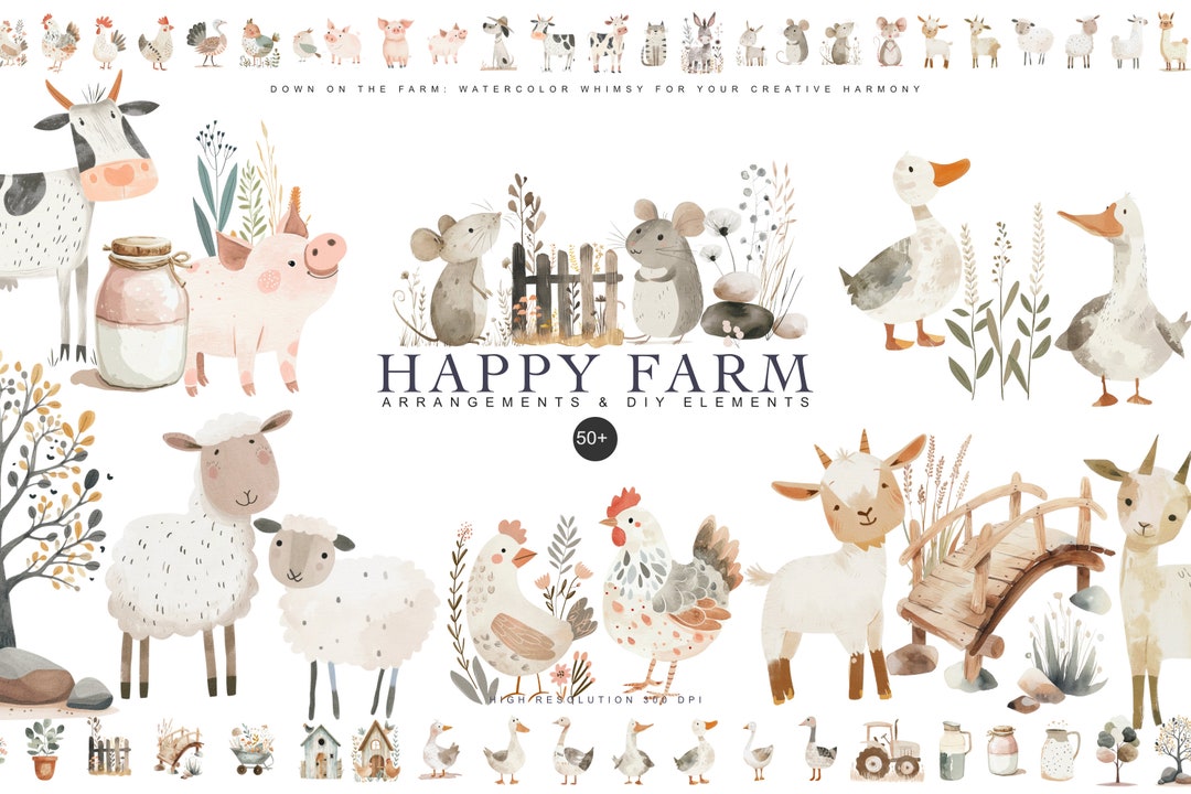 Watercolor Farm Animal Clipart Bundle - Nursery Clipart - Goose Png ...