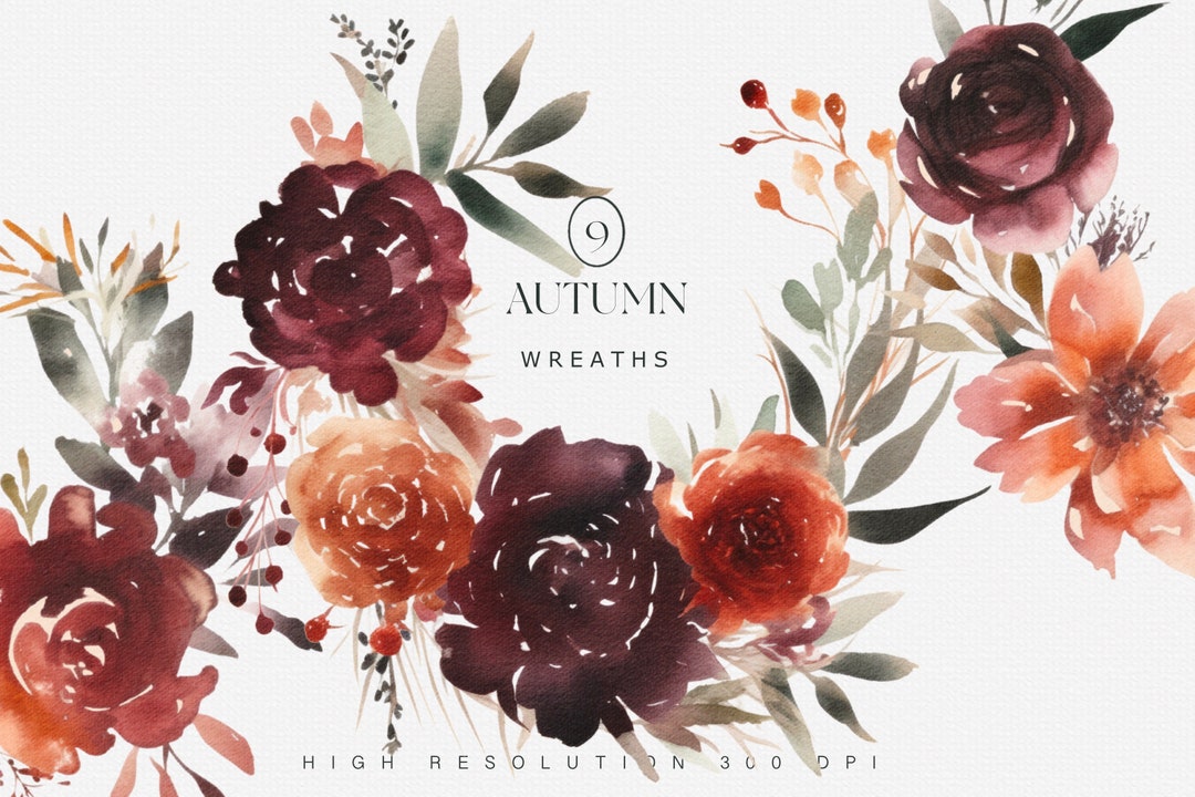 Watercolor Wreath Clipart Burgundy Flowers Clipart Peachy Peony Clipart ...