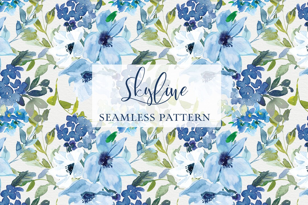 Watercolor Blue Flowers, Blue Sky Flowers Seamless Pattern, Seamless ...