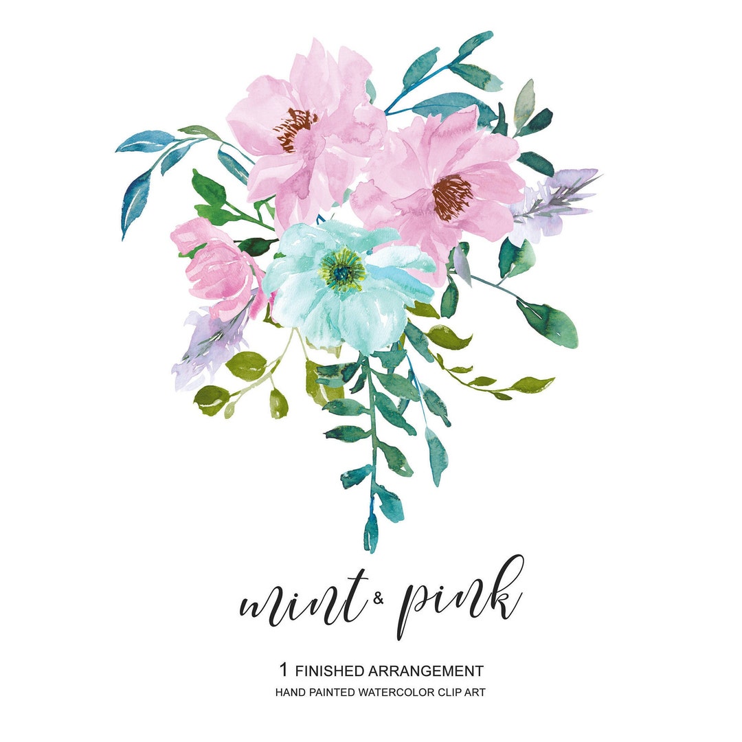 Watercolor Mint Flowers Clipart - Pink Watercolor Roses - Flower ...