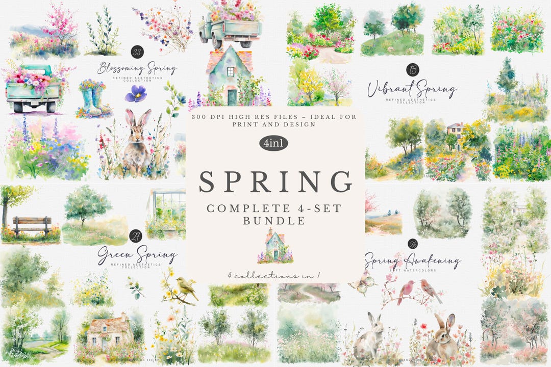 Watercolor Spring Landscape Clipart Bundle, Cottage Garden Fields ...